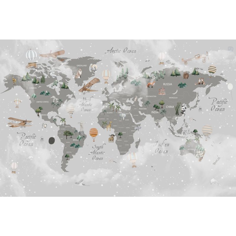 Juliste - Maailmankartta / Kuumailmapallot, Puut ja Kaksitasot